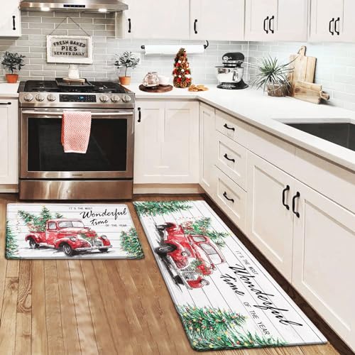 KIMODE Christmas Kitchen Rugs Set of 2,Red Truck Xmas Tree Kitchen Rugs and Mats,Anti Fatigue Non Slip Kitchen Floor Mat,Farmhouse Comfort Standing Mat,Christmas Decorations for Home Kitchen