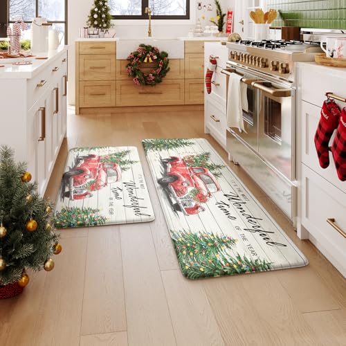 KIMODE Christmas Kitchen Rugs Set of 2,Red Truck Xmas Tree Kitchen Rugs and Mats,Anti Fatigue Non Slip Kitchen Floor Mat,Farmhouse Comfort Standing Mat,Christmas Decorations for Home Kitchen