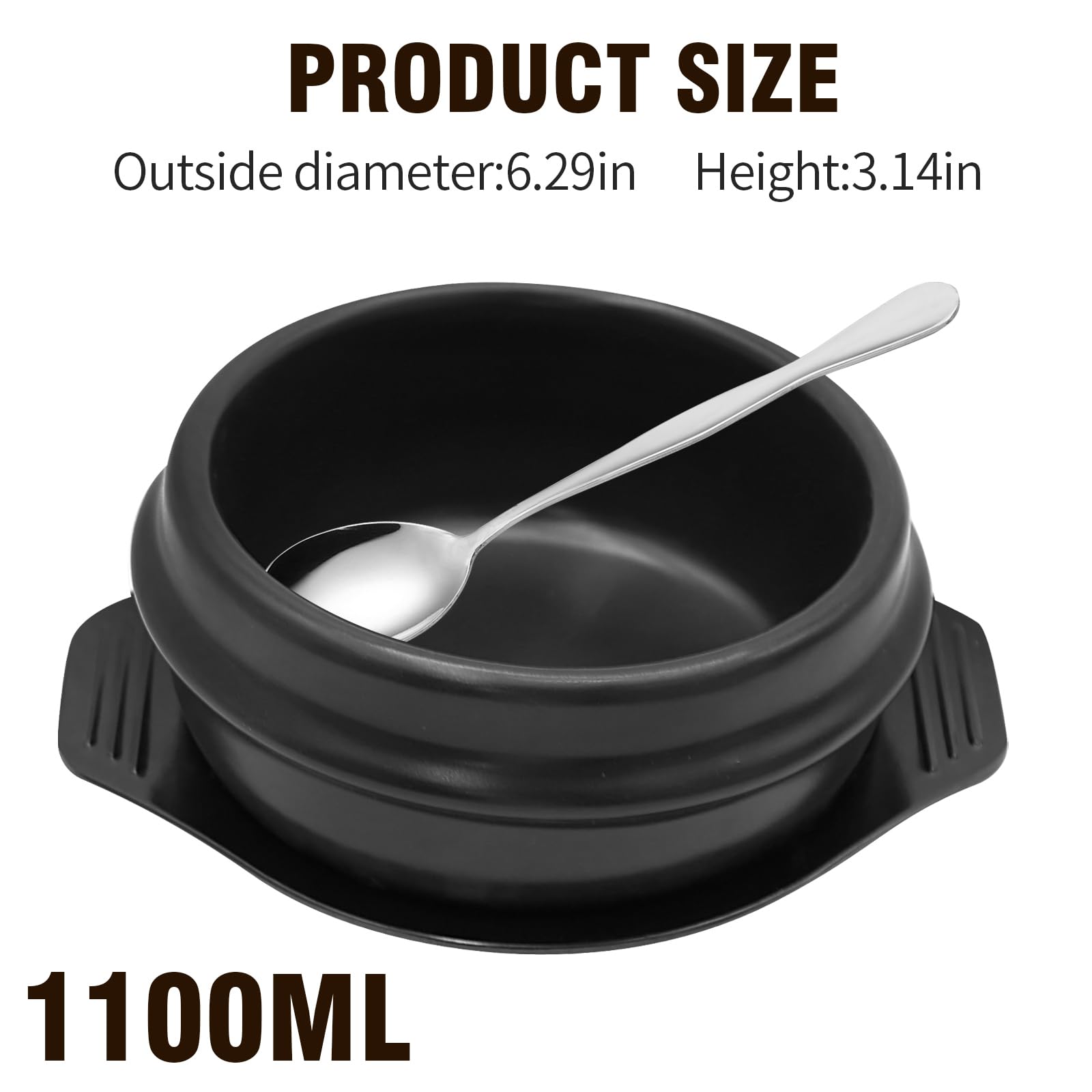laffoonparts Korean Cooking Stone Pot Set, Premium Ceramic, D 6.3'' Stone Bowl Sizzling for Bibimbap and Soup, Korean Bibimbap Pot w/Tray & Stainless Steel Spoon No Lid
