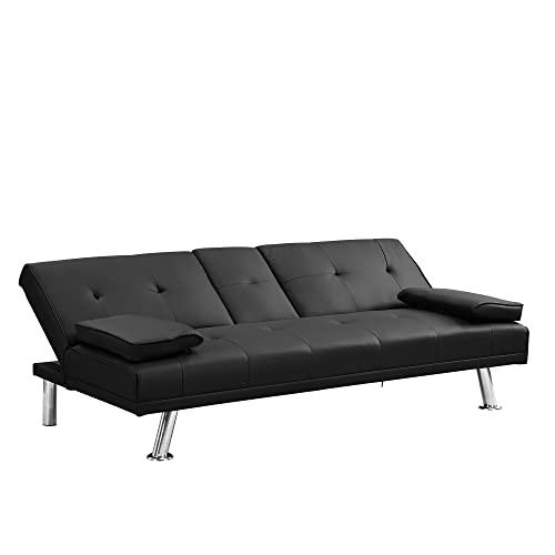 YUNLife&Home Futon Sofa Convertible Sleeper Couch Bed Daybed Loveseat, Folding Recliner with 2 Cup Holders, Metal Legs, Removable Soft Pillow-Top Armrest for Living Room Small Place