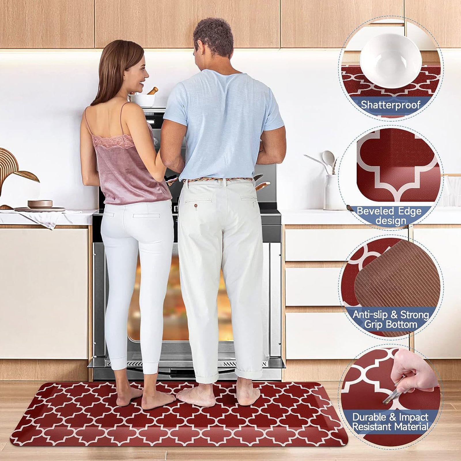 VRINO 0.75 InchThick Anti Fatigue Mats for Kitchen Floor , Waterproof, Non Slip, Anti Fatigue Floor Mat , for Kitchen, Office, Sink,Red-17.3×60""
