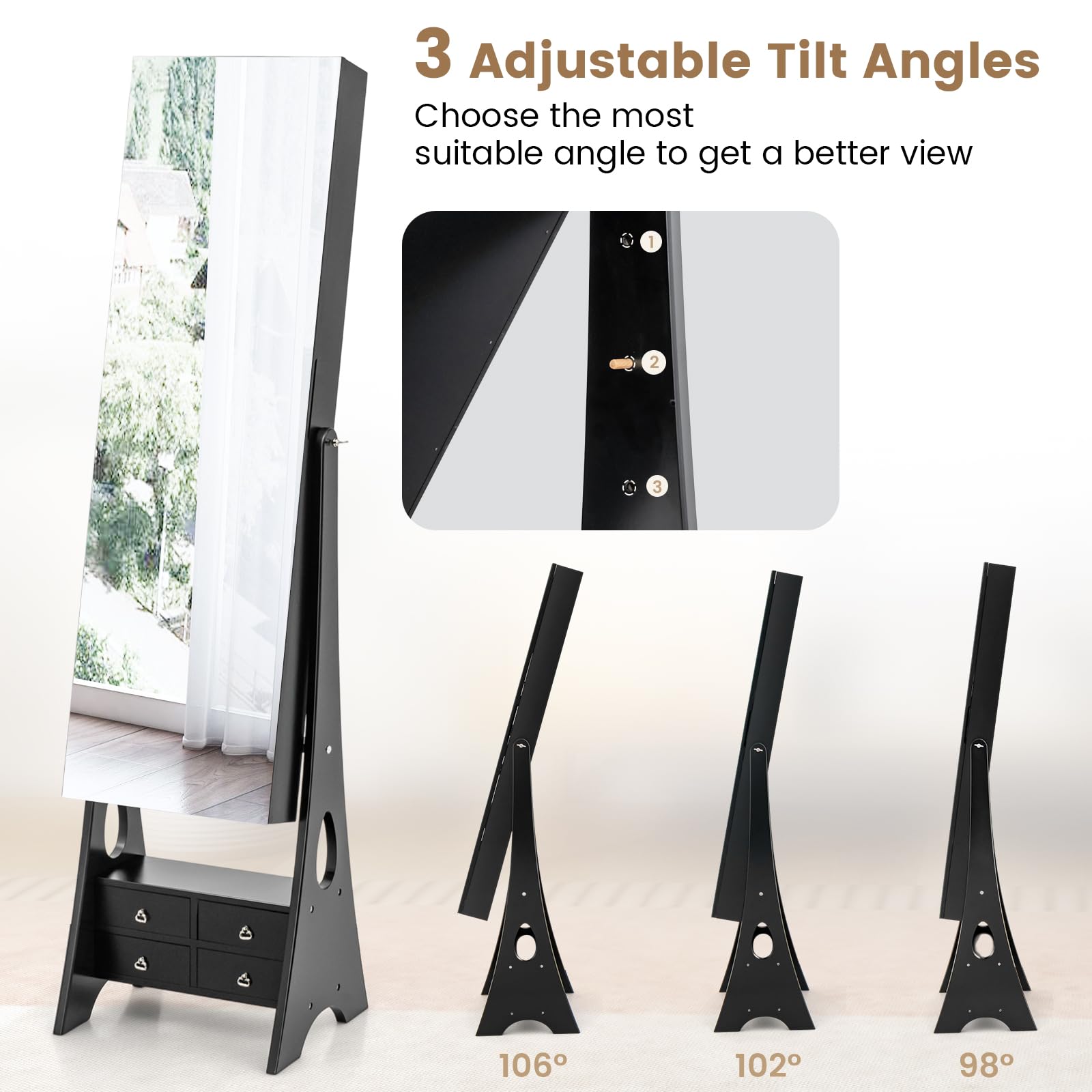 LOKO Freestanding Jewelry Cabinet with LED Light Strip, Lockable Jewelry Armoire w/ 3 Adjustable Angle, Foldable Organizer Storage w/High Full Length Mirror for cloakroom bedroom living room (Black)