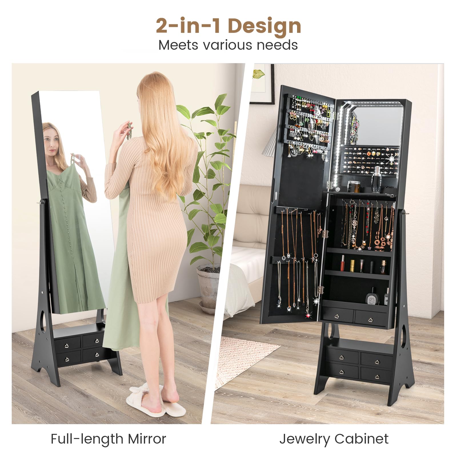 LOKO Freestanding Jewelry Cabinet with LED Light Strip, Lockable Jewelry Armoire w/ 3 Adjustable Angle, Foldable Organizer Storage w/High Full Length Mirror for cloakroom bedroom living room (Black)