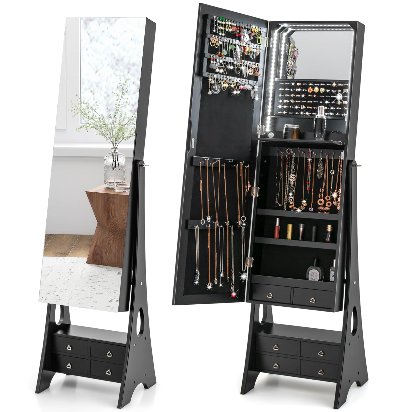 LOKO Freestanding Jewelry Cabinet with LED Light Strip, Lockable Jewelry Armoire w/ 3 Adjustable Angle, Foldable Organizer Storage w/High Full Length Mirror for cloakroom bedroom living room (Black)