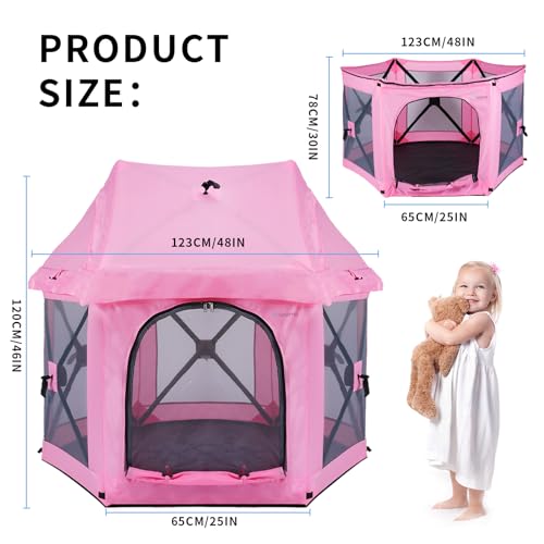 Hiseeme Baby playpen with Canopy,Extra Large Portable Play Yard Indoor and Outdoor,Toddler Play Yard with Double-Layer mesh Shade Cloth skylights,Suitable for Home,Beach,Travel,Easy to Clean,Pink