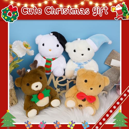 JIAJEGTGT Christmas Mini Stuffed Animals Reindeer Santa 4PCS Plush Toy Set Teddy Bear Stuffed Animals Xms Gifts for Kids