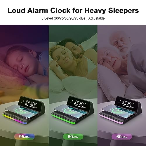 Te-Rich Loud Alarm Clock for Heavy Sleepers Adults, Alarm Clock with Wireless Charging, USB and Lights, Dual Alarm(7-5-2), 6 Dimmer, Battery Backup, Digtial Alarm Clock Wireless Charger for Bedrooms