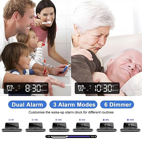 Te-Rich Loud Alarm Clock for Heavy Sleepers Adults, Alarm Clock with Wireless Charging, USB and Lights, Dual Alarm(7-5-2), 6 Dimmer, Battery Backup, Digtial Alarm Clock Wireless Charger for Bedrooms