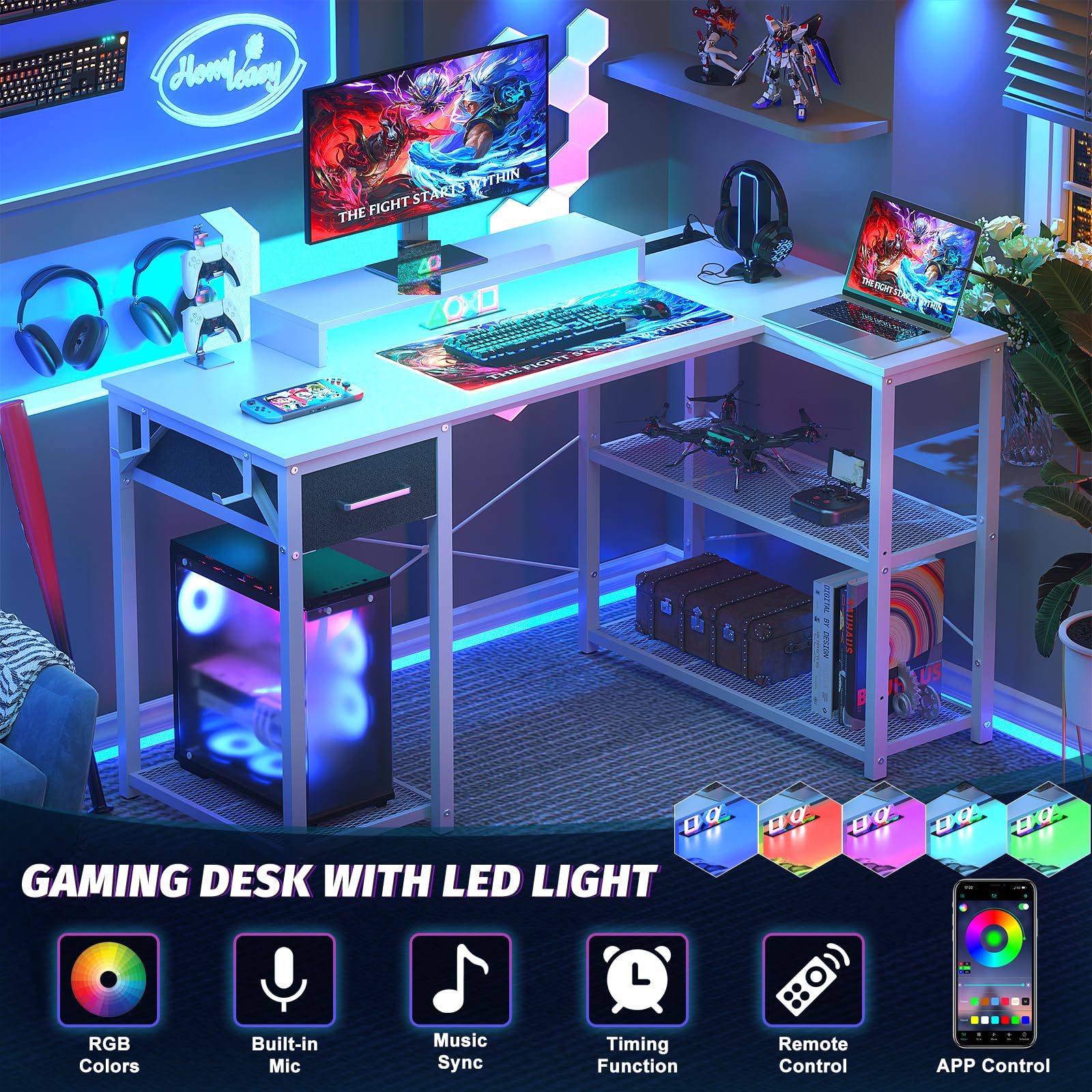 Homieasy L Shaped Desk with Monitor Stand & Drawer, Corner Gaming Desk with LED Strip & Power Strip, Modern Simple Home Office Computer Desk with Storage Shelves, Grey
