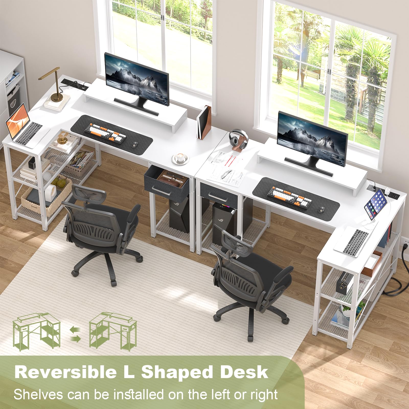 Homieasy L Shaped Desk with Monitor Stand & Drawer, Corner Gaming Desk with LED Strip & Power Strip, Modern Simple Home Office Computer Desk with Storage Shelves, Grey