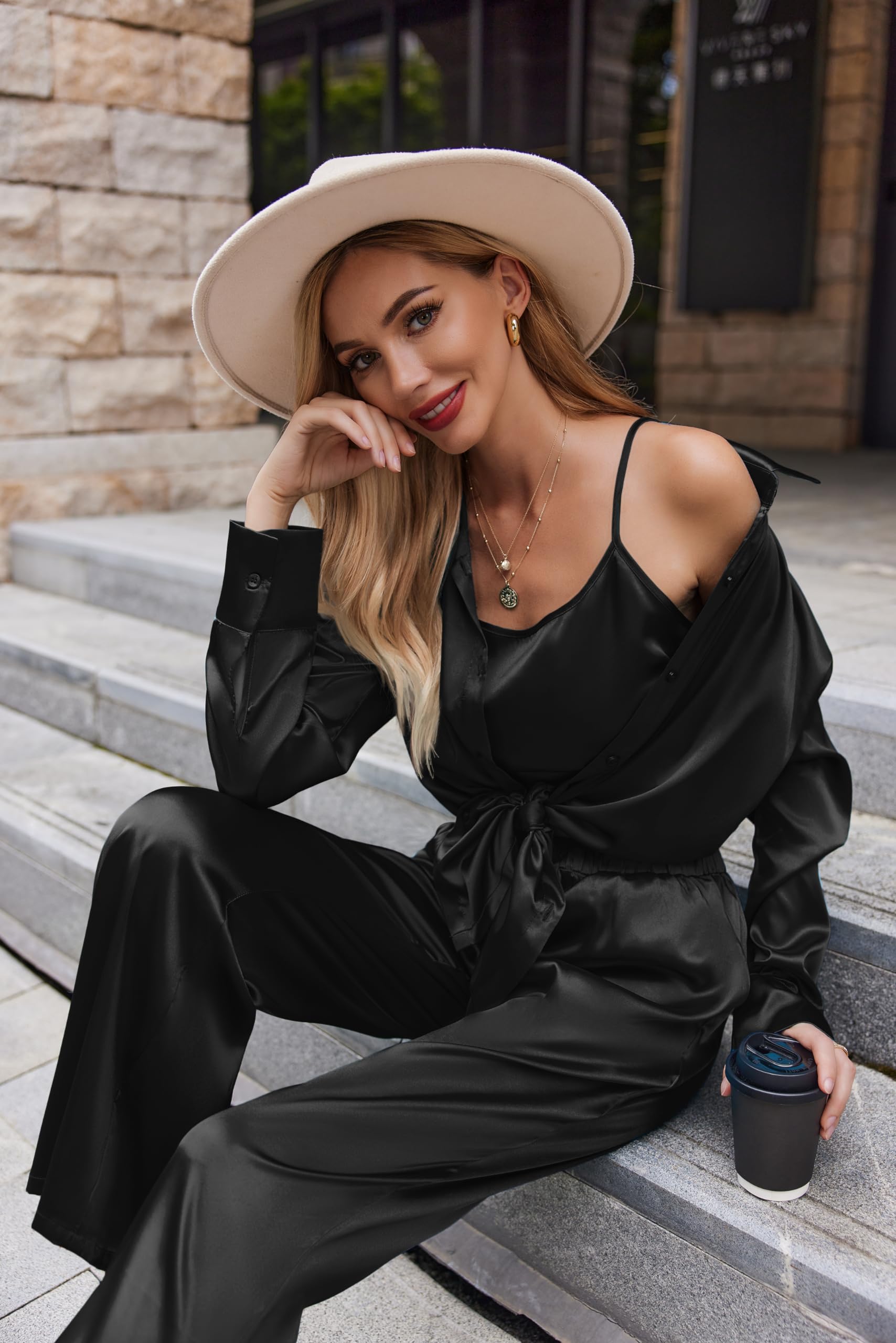 Ekouaer Womens Silk 3 Piece Pajamas Satin Camisole Sleepwear Set Button Down Long Sleeve Pjs with Pants, Large Black