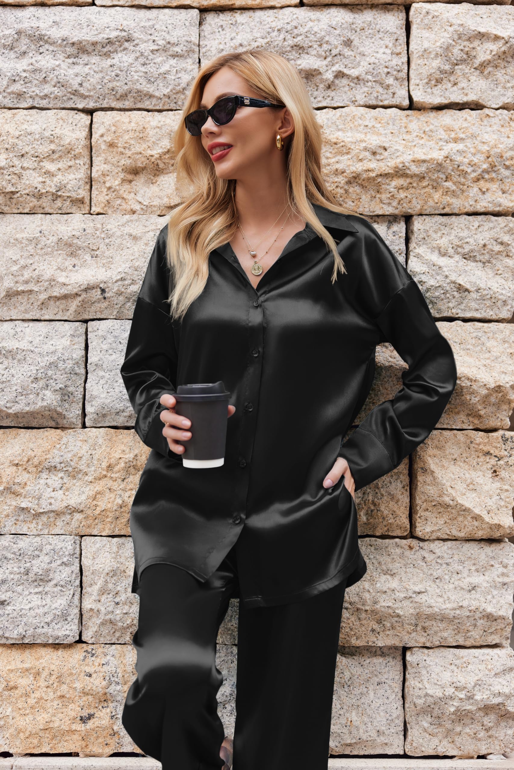 Ekouaer Womens Silk 3 Piece Pajamas Satin Camisole Sleepwear Set Button Down Long Sleeve Pjs with Pants, Large Black