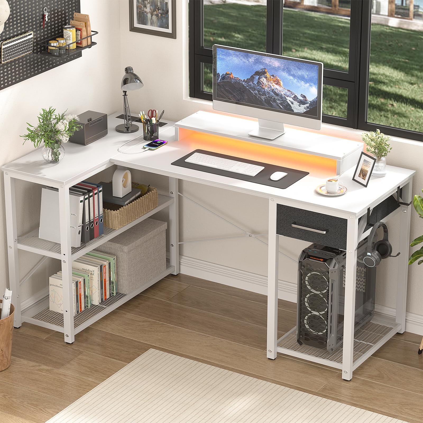Homieasy L Shaped Desk with Monitor Stand & Drawer, Corner Gaming Desk with LED Strip & Power Strip, Modern Simple Home Office Computer Desk with Storage Shelves, Grey
