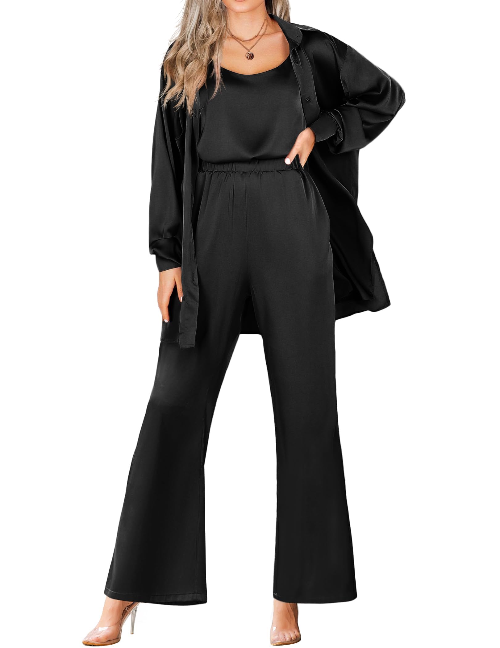 Ekouaer Womens Silk 3 Piece Pajamas Satin Camisole Sleepwear Set Button Down Long Sleeve Pjs with Pants, Large Black