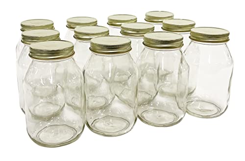 North Mountain Supply 32 Ounce Quart Glass Regular Mouth Mason Canning Jars - With Gold Safety Button Lids - Case of 12