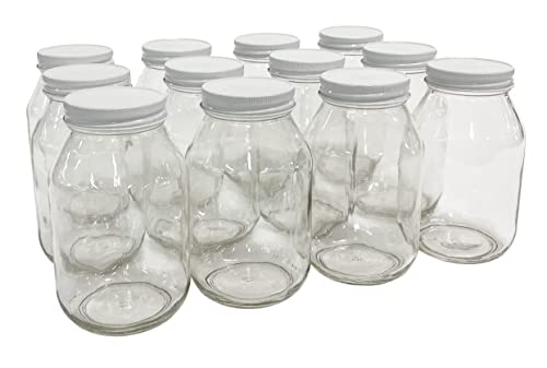 North Mountain Supply 32 Ounce Quart Glass Regular Mouth Mason Canning Jars - With White Safety Button Lids - Case of 12