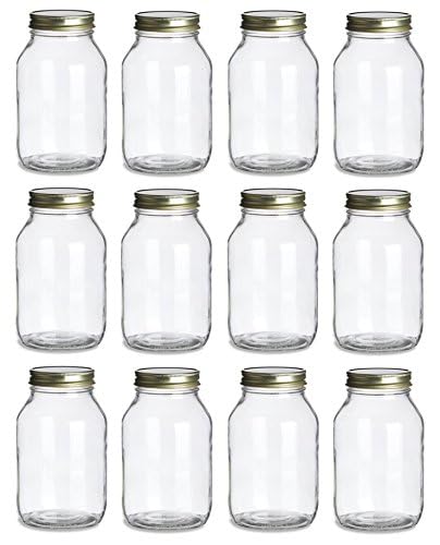 North Mountain Supply 32 Ounce Quart Glass Regular Mouth Mason Canning Jars - With Gold Safety Button Lids - Case of 12