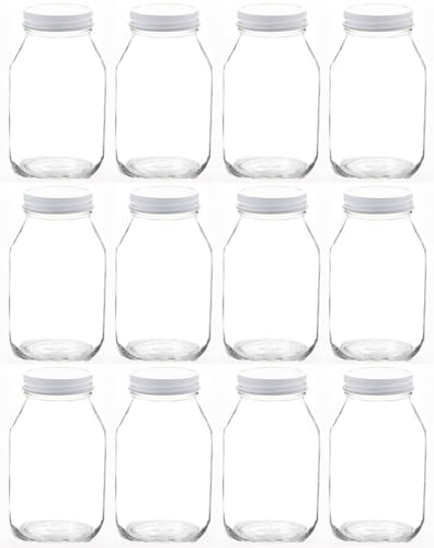 North Mountain Supply 32 Ounce Quart Glass Regular Mouth Mason Canning Jars - With White Safety Button Lids - Case of 12