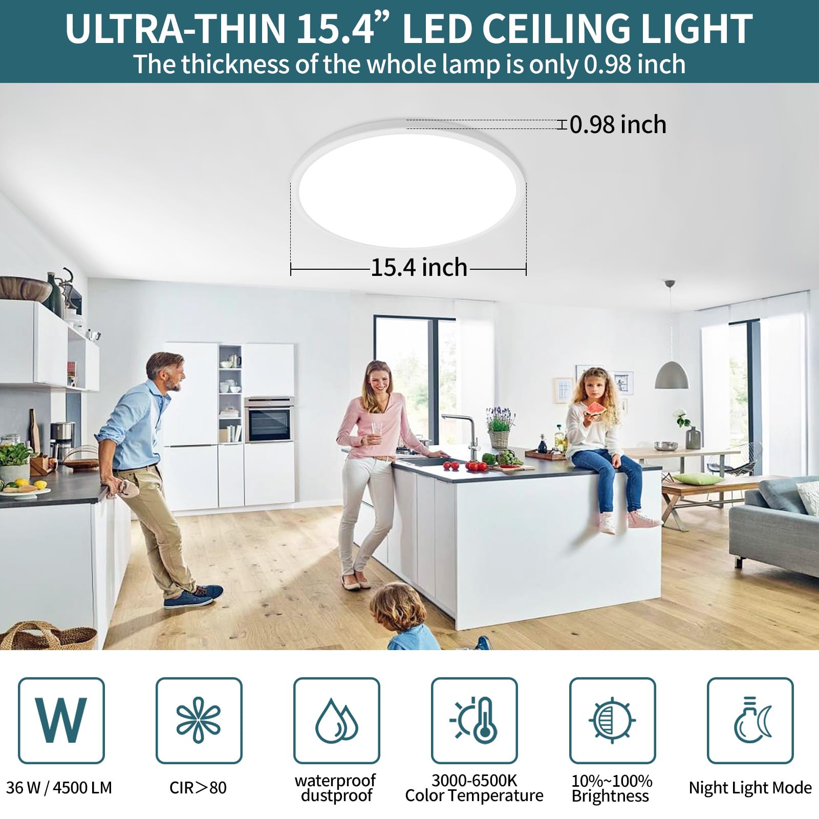 Led Ceiling Light Fixtures Dimmable with Remote Control, 15.4 Inch Ultra Thin Modern Flush Mount, 36 W, 4500 LM, with Night Light, for Bedroom, Kitchen, Dining Room, Living Room