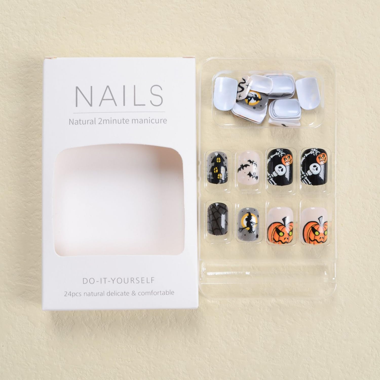 Halloween Press on Nails Short Square Fake Nails with Skull Pumpkins and Bats Designs Full Cover Stick on Nails Cute False Nails for Women Girls 24Pcs
