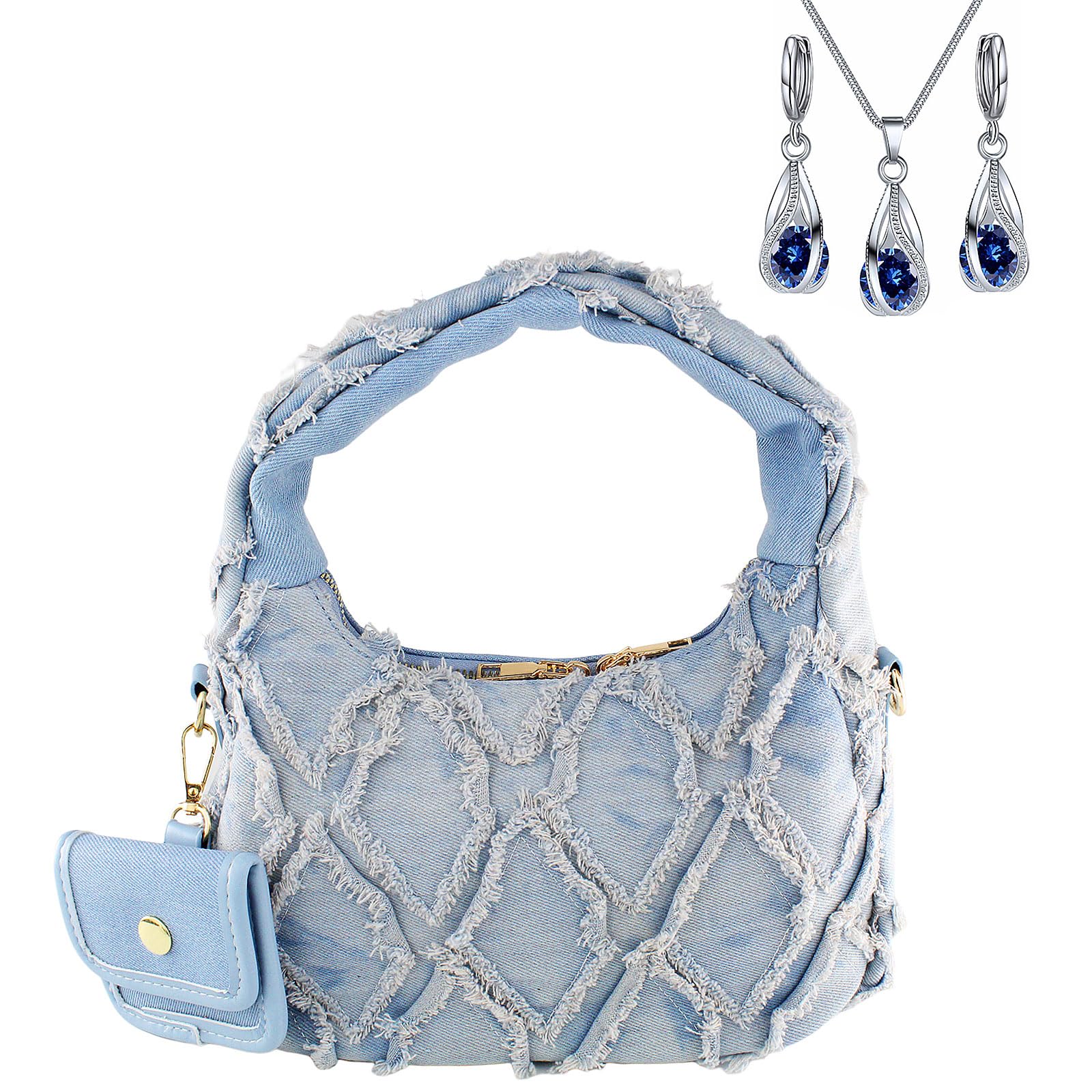 OUUKP Women's Retro Denim Shoulder Bag Quilted Evening Bag,Casual Style Fashion clutch purses with Mini small packet,Handbags with Necklace and Earrings for Party Prom Travel Present,blue