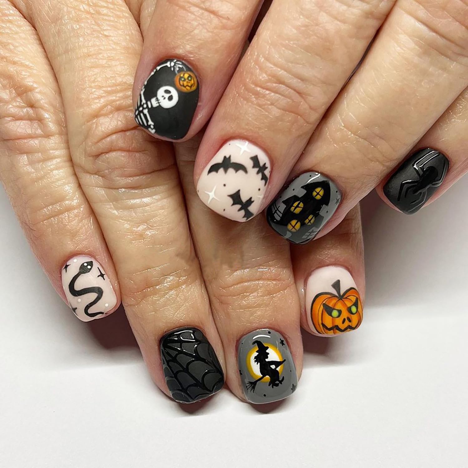Halloween Press on Nails Short Square Fake Nails with Skull Pumpkins and Bats Designs Full Cover Stick on Nails Cute False Nails for Women Girls 24Pcs