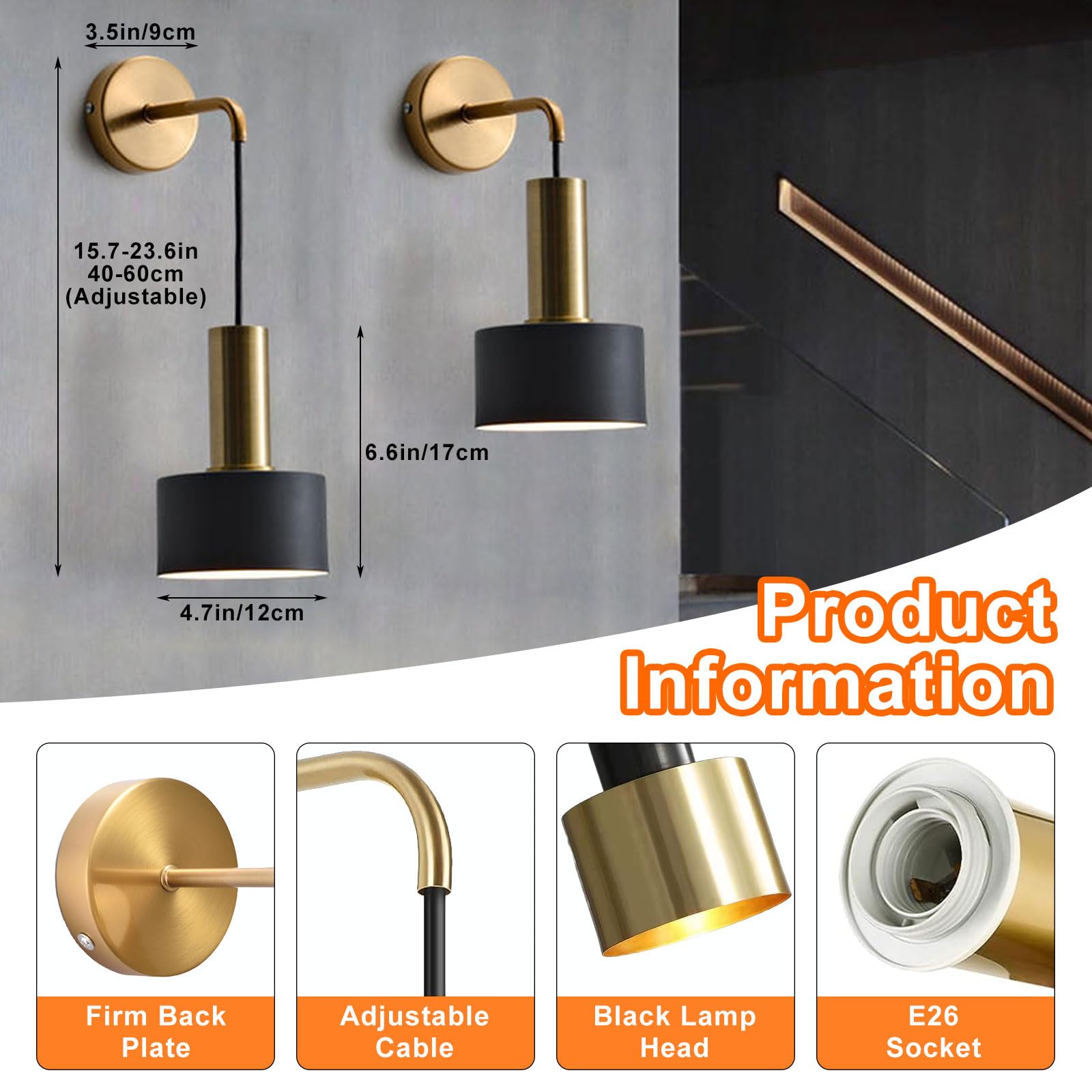 CATA-MEDICA Black Indoor Wall Sconces Set of 2, Modern Adjustable Height Bedside Wall Lamp, Wall Mounted Lamp, E26 Brass Wall Lights Fixtures for Bedroom Living Room Hallway Corridor Stairs