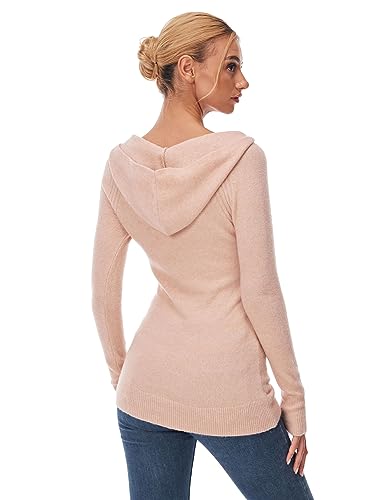 AmélieBoutik Women Hooded V Neck Raglan Long Sleeve Sweater Knit Top (Pink X-Large)