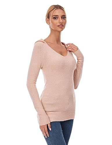 AmélieBoutik Women Hooded V Neck Raglan Long Sleeve Sweater Knit Top (Pink X-Large)