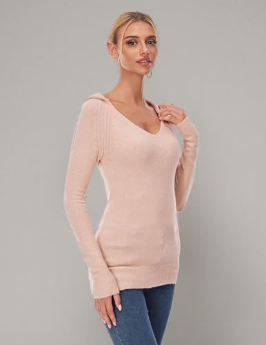 AmélieBoutik Women Hooded V Neck Raglan Long Sleeve Sweater Knit Top (Pink X-Large)