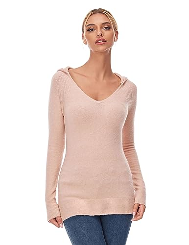 AmélieBoutik Women Hooded V Neck Raglan Long Sleeve Sweater Knit Top (Pink X-Large)