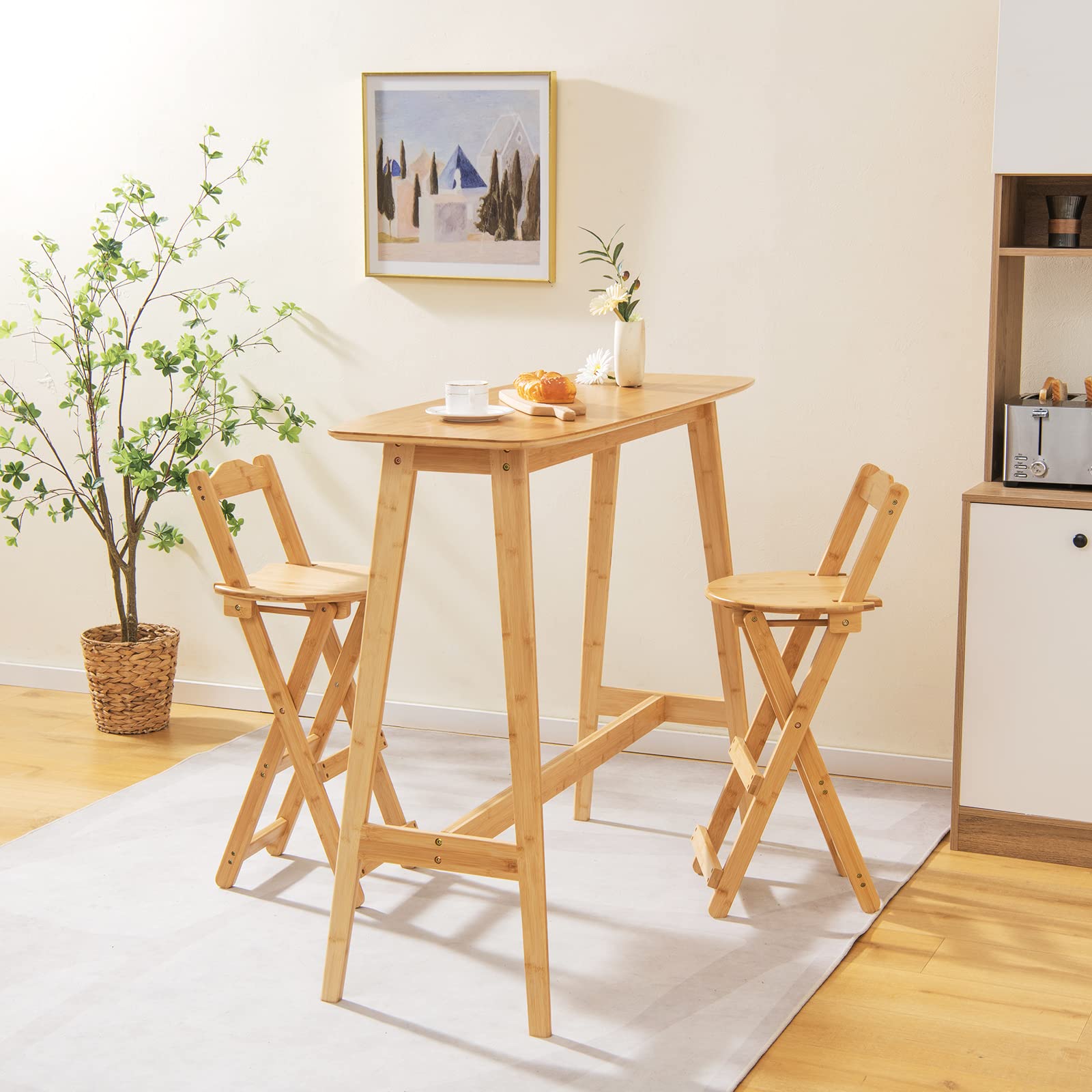 COSTWAY Folding Bamboo Bar Stools Set of 2, 24-inch Kitchen Counter Height Stools with Backrest and Footrest, Portable Bar Chairs for Home Kitchen Island Breakfast, No Assembly, Natural