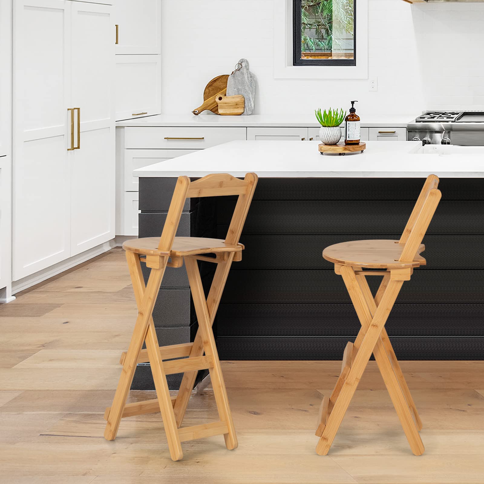 COSTWAY Folding Bamboo Bar Stools Set of 2, 24-inch Kitchen Counter Height Stools with Backrest and Footrest, Portable Bar Chairs for Home Kitchen Island Breakfast, No Assembly, Natural