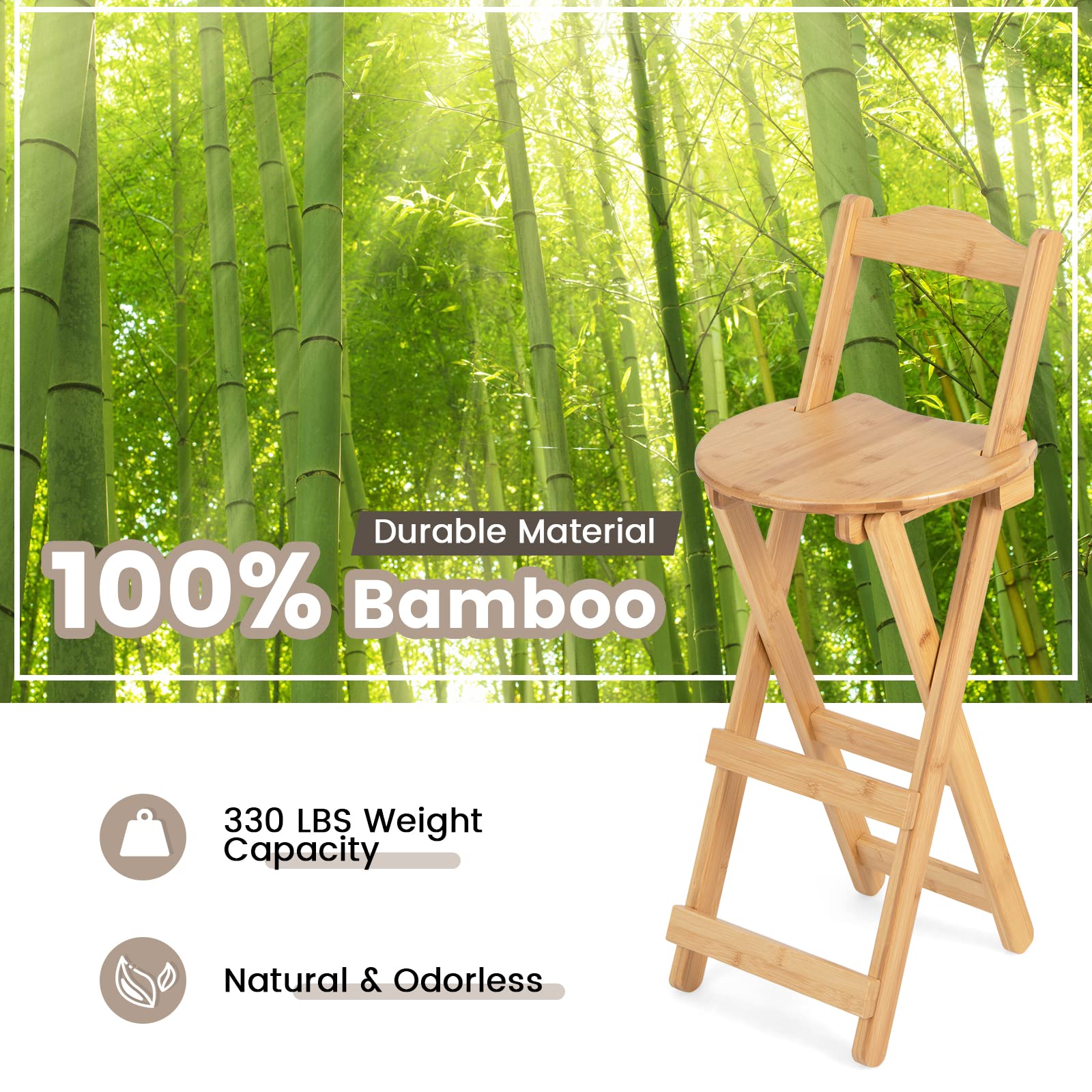 COSTWAY Folding Bamboo Bar Stools Set of 2, 24-inch Kitchen Counter Height Stools with Backrest and Footrest, Portable Bar Chairs for Home Kitchen Island Breakfast, No Assembly, Natural