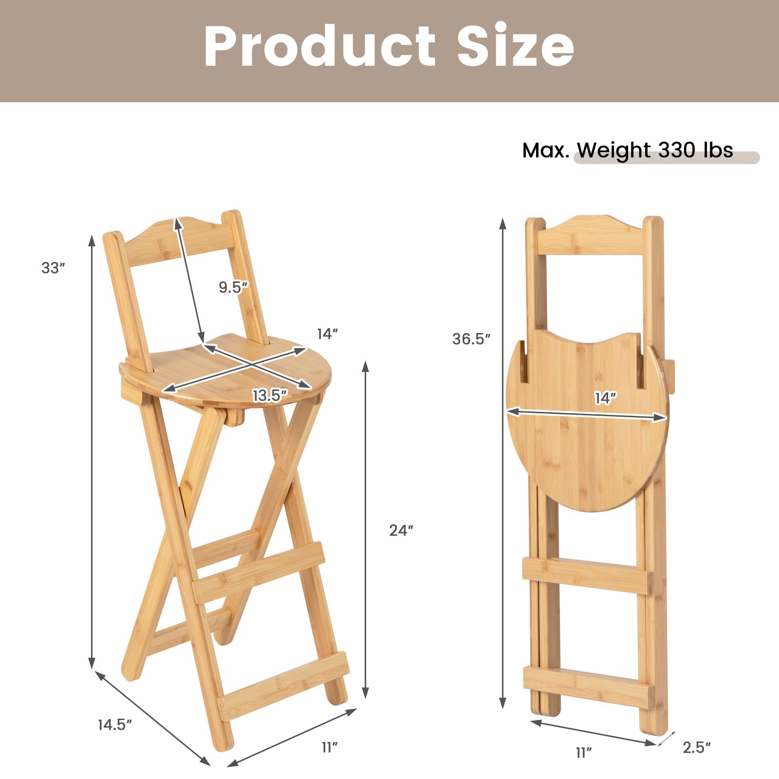 COSTWAY Folding Bamboo Bar Stools Set of 2, 24-inch Kitchen Counter Height Stools with Backrest and Footrest, Portable Bar Chairs for Home Kitchen Island Breakfast, No Assembly, Natural