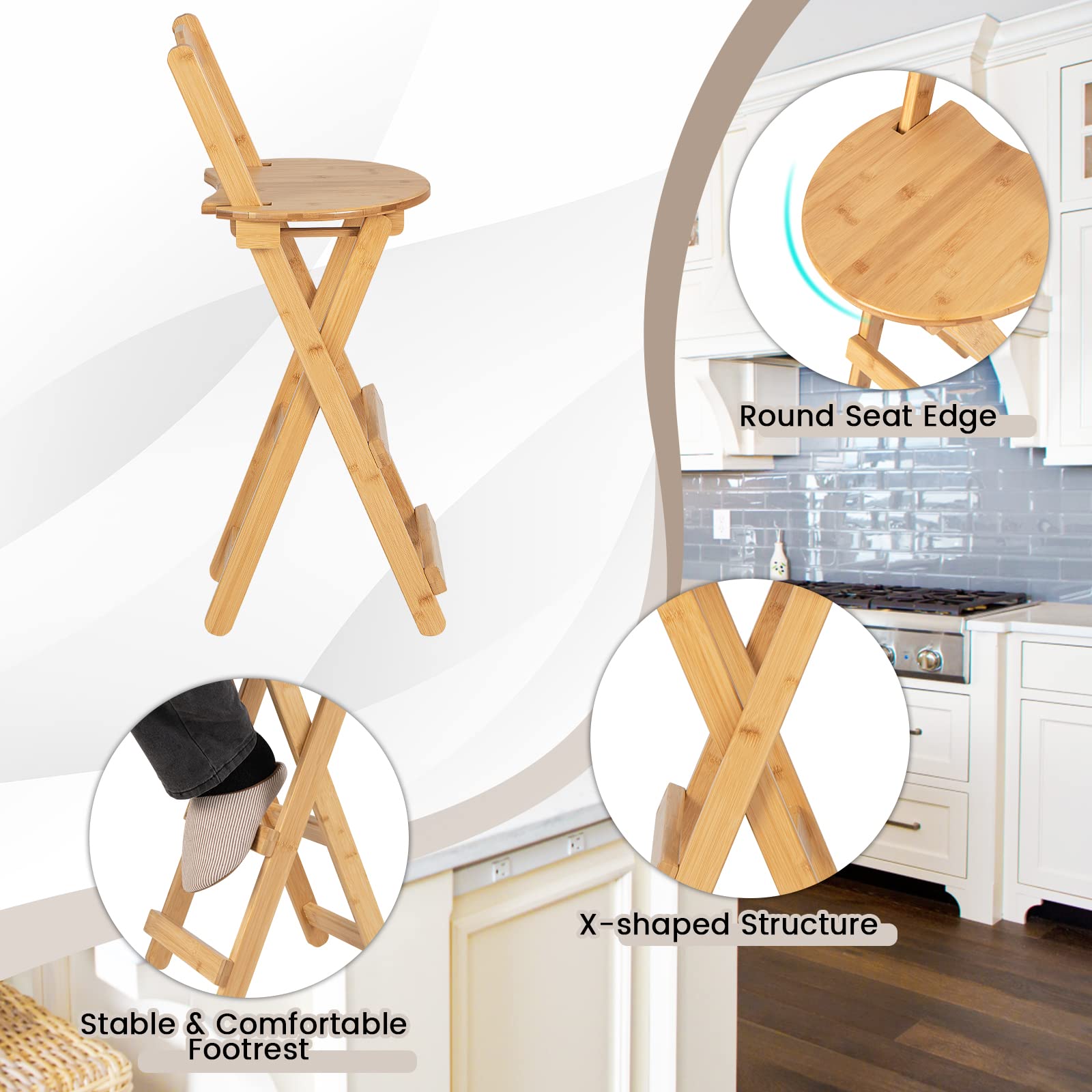 COSTWAY Folding Bamboo Bar Stools Set of 2, 24-inch Kitchen Counter Height Stools with Backrest and Footrest, Portable Bar Chairs for Home Kitchen Island Breakfast, No Assembly, Natural