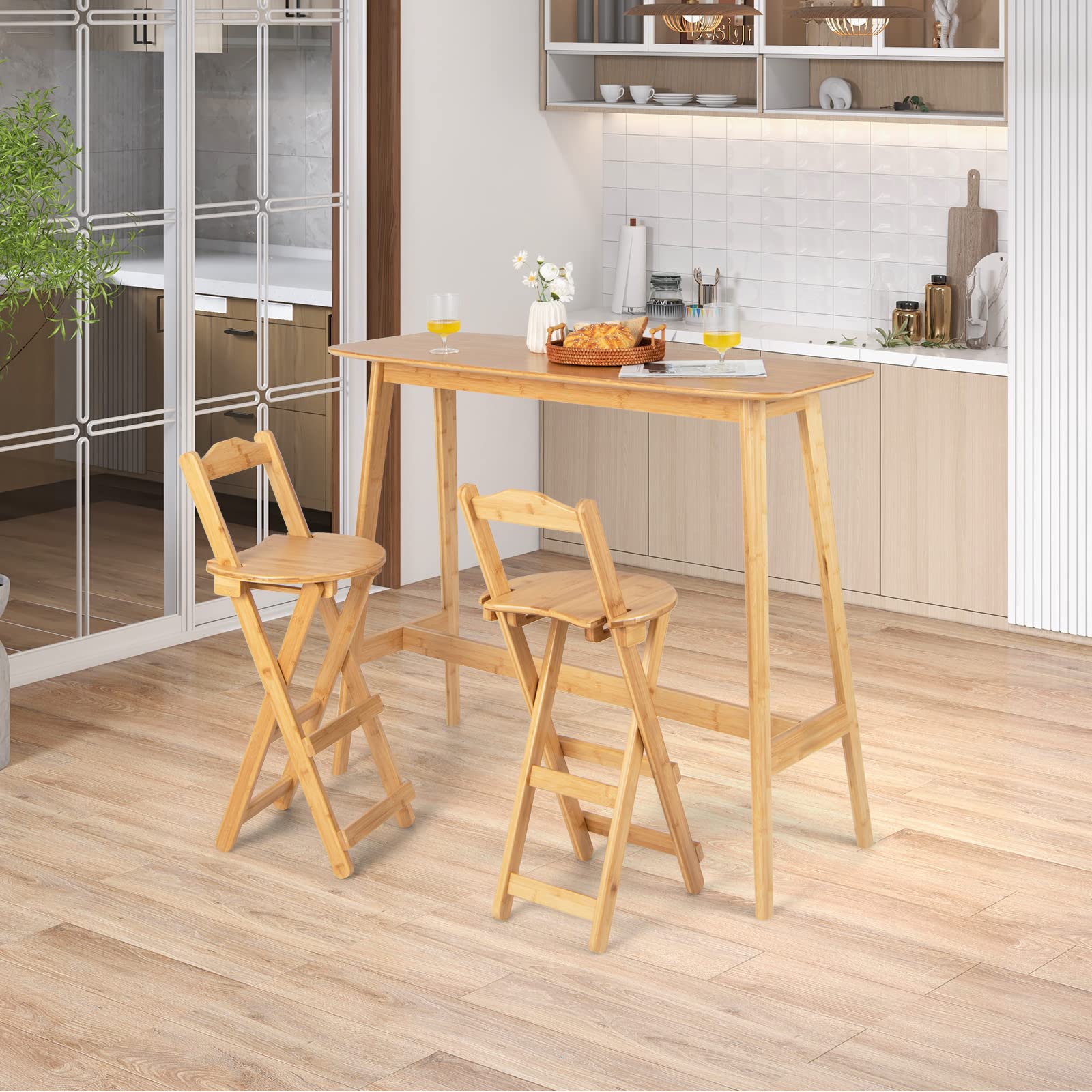 COSTWAY Folding Bamboo Bar Stools Set of 2, 24-inch Kitchen Counter Height Stools with Backrest and Footrest, Portable Bar Chairs for Home Kitchen Island Breakfast, No Assembly, Natural