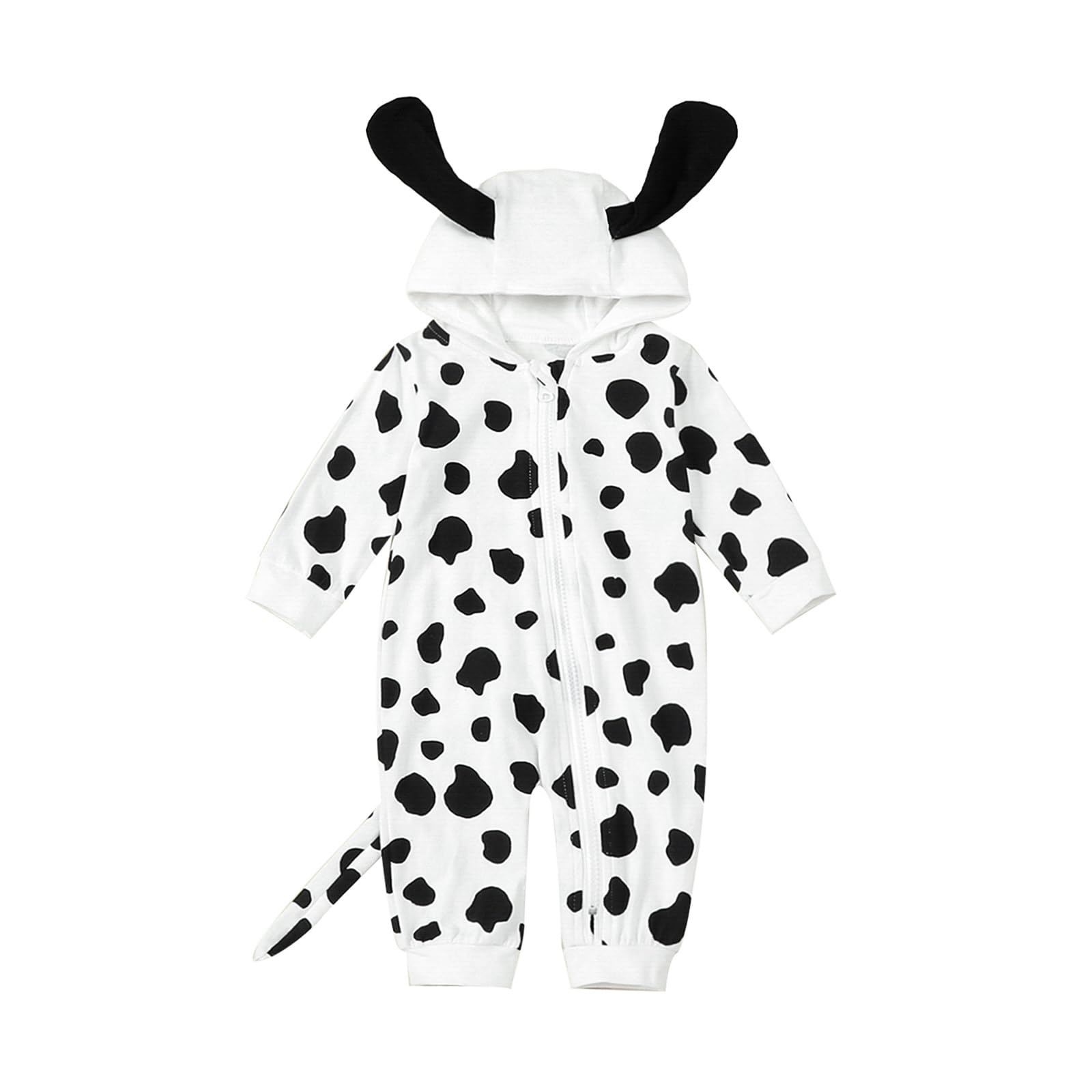 wybzd Baby Dalmatian Costume Newborn Boy Girl Halloween Puppy Spotted Dog Romper Onesie Footies Zipper Hooded Outfit (Romper with Tail, 0-3 Months)