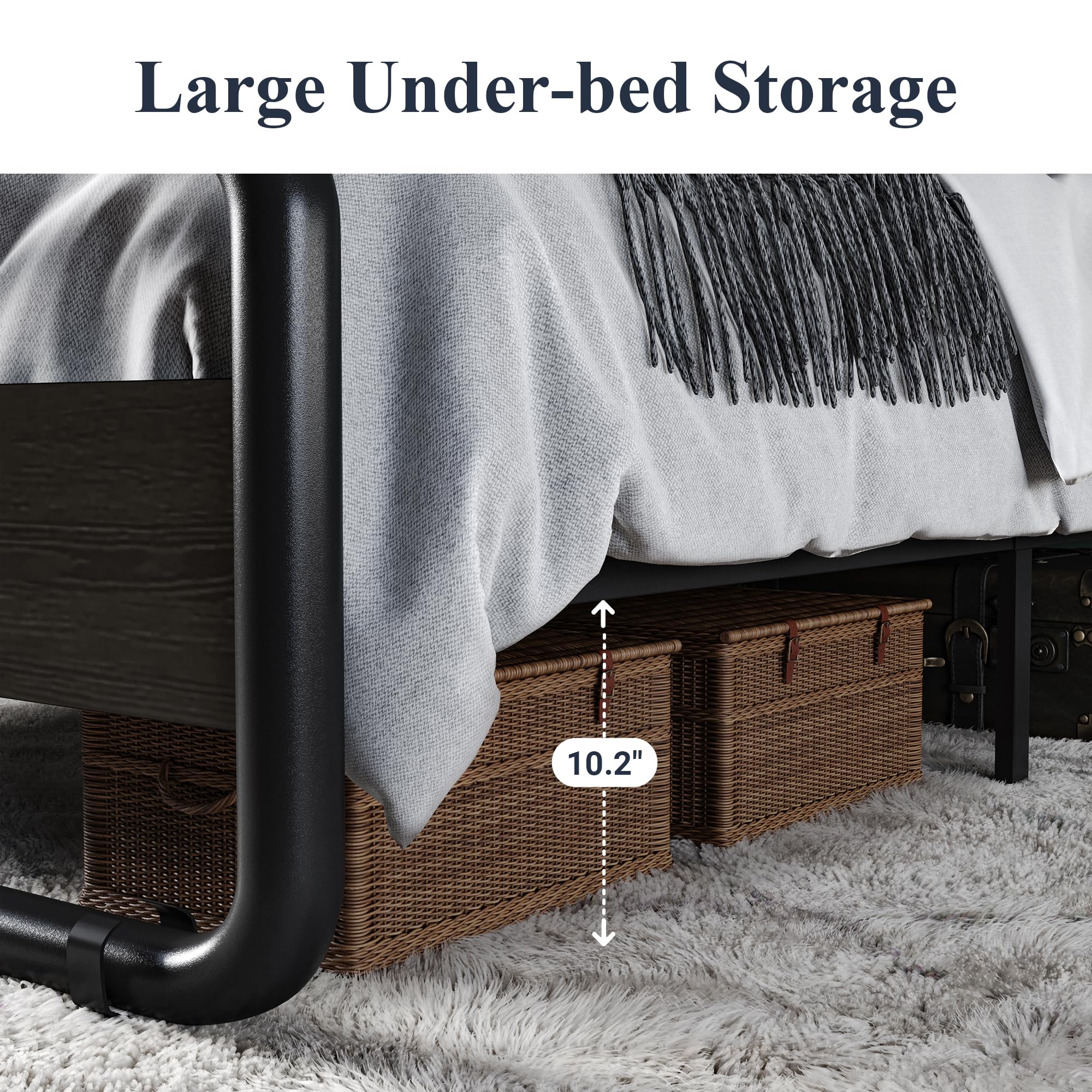 Allewie King Size Metal Bed Frame with Curved Wood Headboard and Footboard, Heavy Duty Platform Iron Bed with Under-Bed Storage, Noise Free, No Box Spring Needed, Easy Assembly, Black