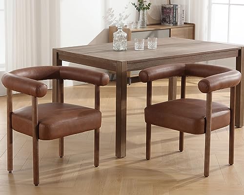 VESCASA Upholstered Dining Chairs with Natural Brush Wood Legs, Faux Leather Mid-Century Modern PU Dining Chairs with Curve Padded Open Back for Dining Room, Kitchen, Set of 2, Brown