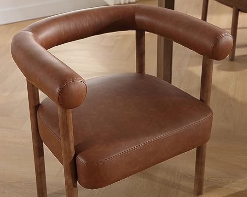 VESCASA Upholstered Dining Chairs with Natural Brush Wood Legs, Faux Leather Mid-Century Modern PU Dining Chairs with Curve Padded Open Back for Dining Room, Kitchen, Set of 2, Brown