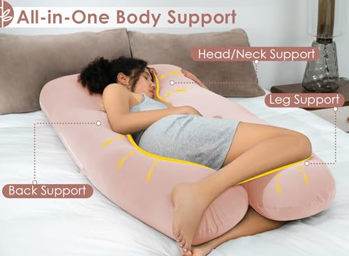 QUEEN ROSE Cooling Pregnancy Pillows, U Shaped Full Body Maternity Pillow for Pregnant Support, Rayon Derived from Bamboo, Buttery Soft, Super Breathable for Hot Sleeper, Peach