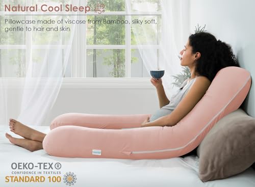 QUEEN ROSE Cooling Pregnancy Pillows, U Shaped Full Body Maternity Pillow for Pregnant Support, Rayon Derived from Bamboo, Buttery Soft, Super Breathable for Hot Sleeper, Peach