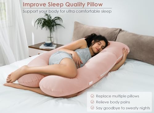 QUEEN ROSE Cooling Pregnancy Pillows, U Shaped Full Body Maternity Pillow for Pregnant Support, Rayon Derived from Bamboo, Buttery Soft, Super Breathable for Hot Sleeper, Peach