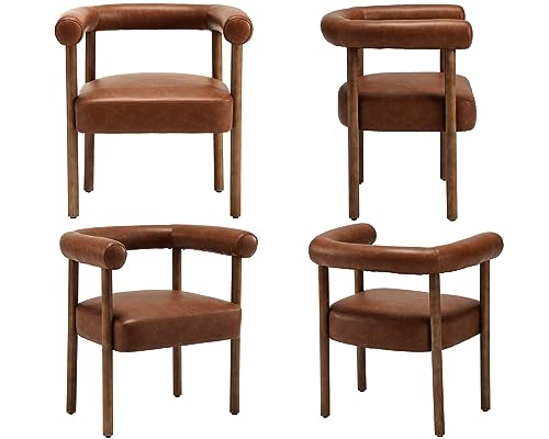 VESCASA Upholstered Dining Chairs with Natural Brush Wood Legs, Faux Leather Mid-Century Modern PU Dining Chairs with Curve Padded Open Back for Dining Room, Kitchen, Set of 2, Brown