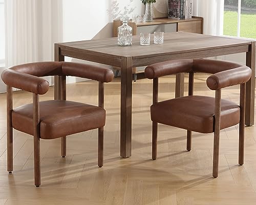 VESCASA Upholstered Dining Chairs with Natural Brush Wood Legs, Faux Leather Mid-Century Modern PU Dining Chairs with Curve Padded Open Back for Dining Room, Kitchen, Set of 2, Brown