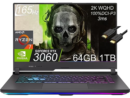 Asus ROG Strix G15 Gaming Laptop (15.6/ (2560x1440) 165Hz,AMD Ryzen 7 6800H,64GB DDR5 RAM,1TB SSD,RTX 3060 140W,8-core (Beat i7-11700H)),RGB Backlit Keyboard,IST Cable,Win 11 Home -202 Eclipse Gray