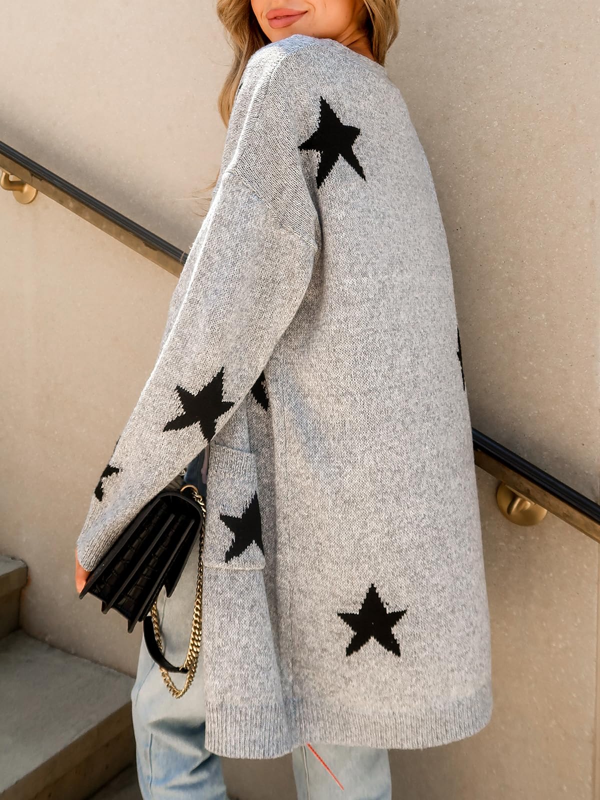 CUPSHE Womens 2024 Fall Open Front Long Sleeve Star Print Knit Cardigan Sweaters Outwear with Pockets Grey, XL