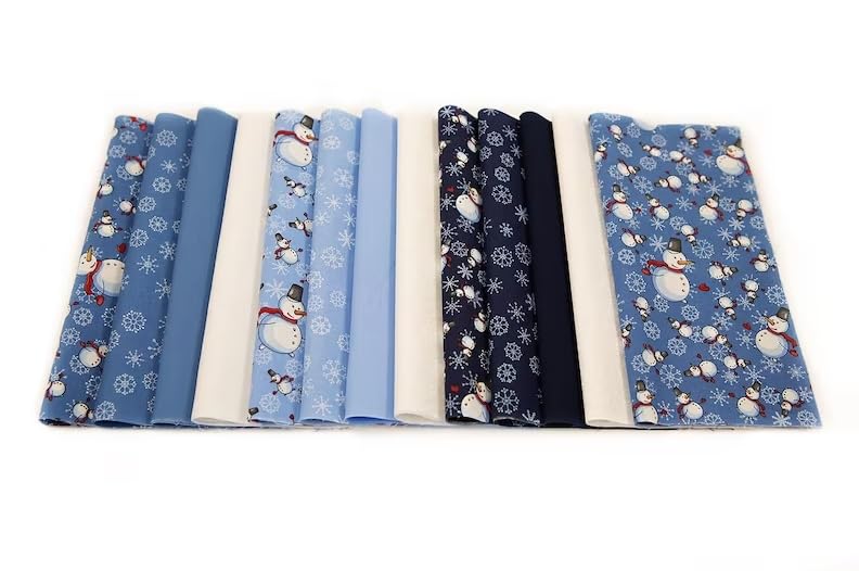 24 Piece Snowmen & Snowflakes Jelly Roll 2.5"x44" pre-Cut 100% Cotton Fabric Quilting Strips, Blue Winter Jelly Roll Fabric, Snowmen Fabric, Snowflake Fabric, Christmas Bundle Fabric, DIY Craft