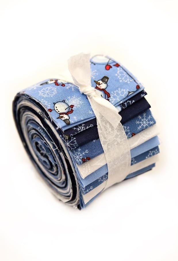 24 Piece Snowmen & Snowflakes Jelly Roll 2.5"x44" pre-Cut 100% Cotton Fabric Quilting Strips, Blue Winter Jelly Roll Fabric, Snowmen Fabric, Snowflake Fabric, Christmas Bundle Fabric, DIY Craft